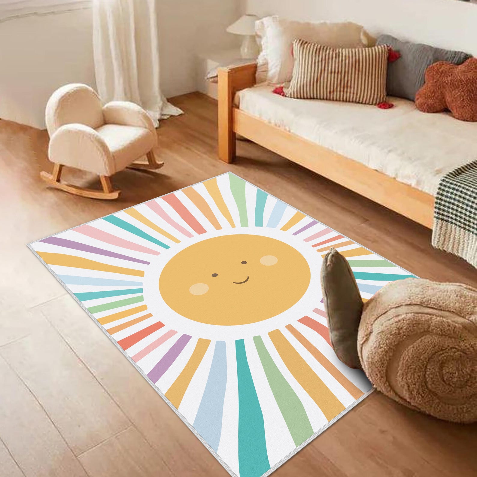 Smiling Sun Patterned Kids Rug, Happy Sun Rug, Fun Kids Rug With ...