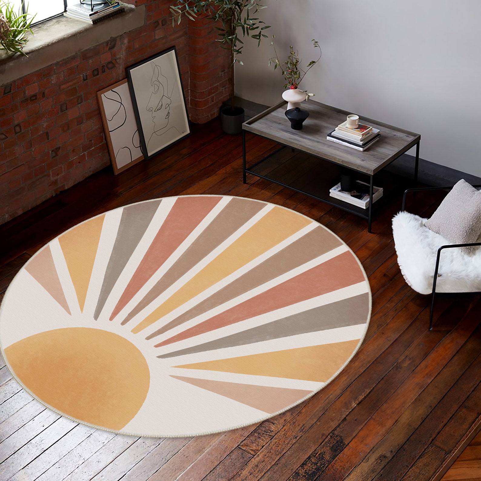 Sun Round Rug, Abstract Sun Carpet, Sunrise Boho Rug, Boho Sun Logo Rug ...