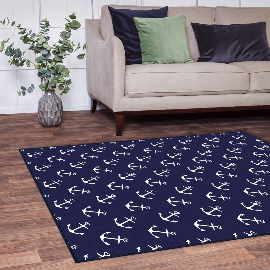 Navy Blue Anchor Patterned Rug, Custom Gift Marina Rug, Sailor Rug ...