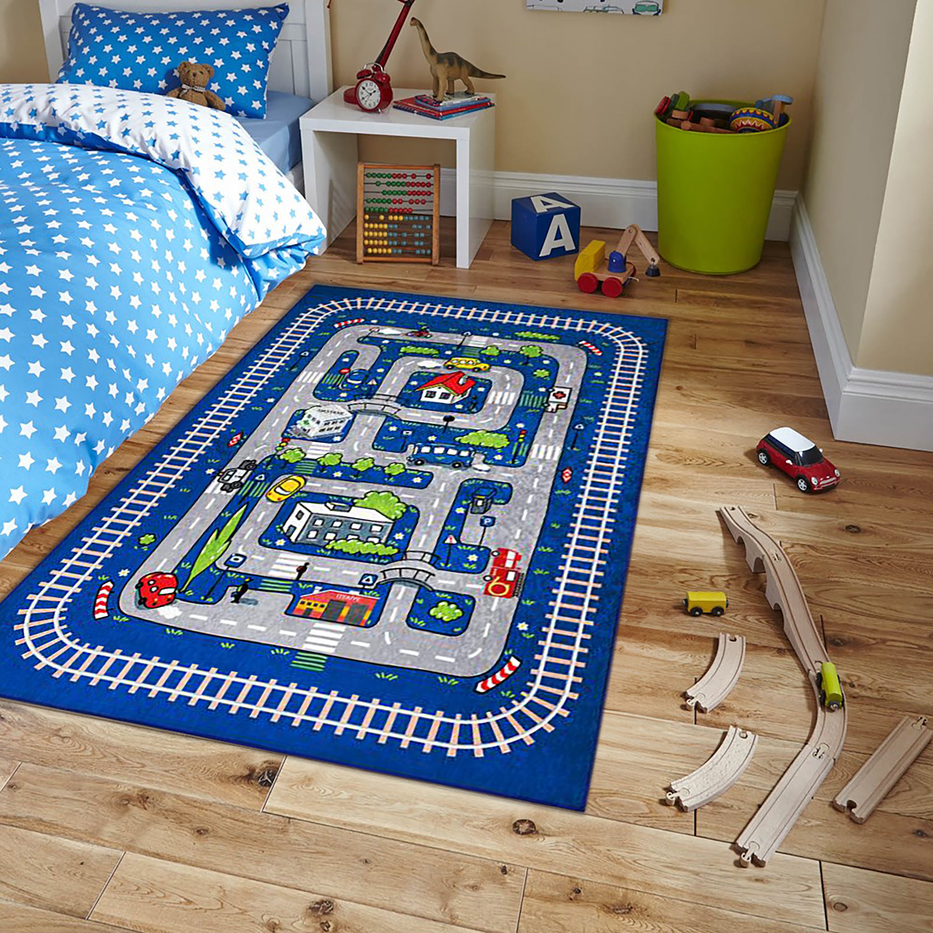 Blue Kids Rug, Train Rail Play Mat, Kids Room Rug With Trolley, Kids ...