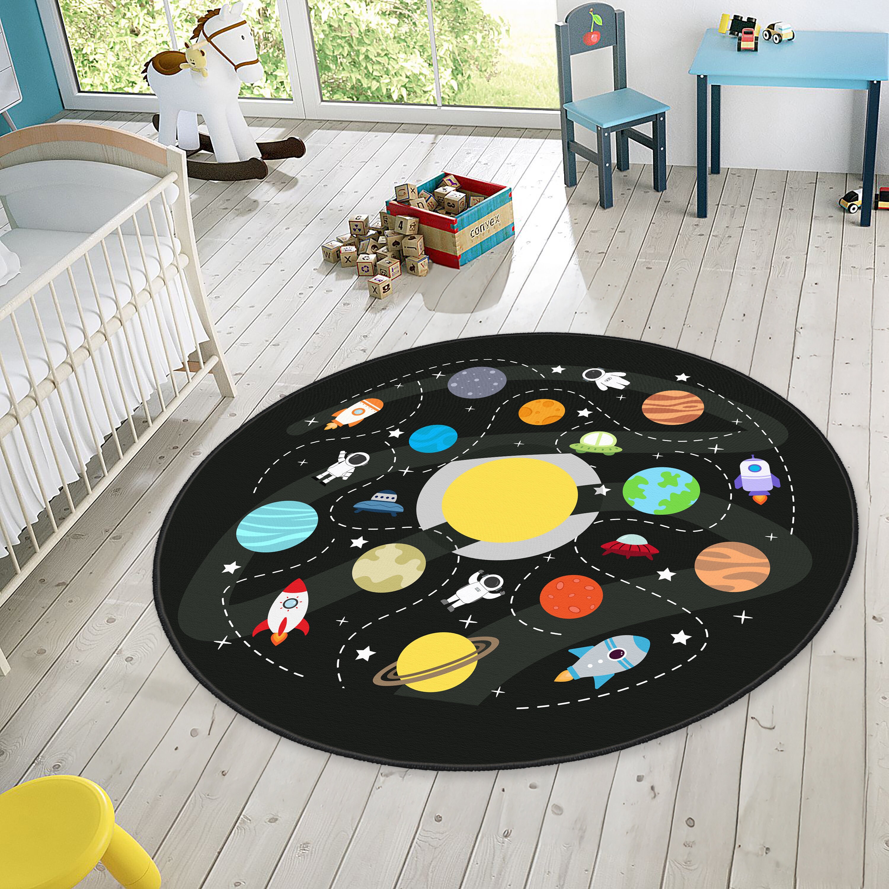 Space Themed Round Kids Rug, Star Kids Room Rug, Educational Play Mat ...