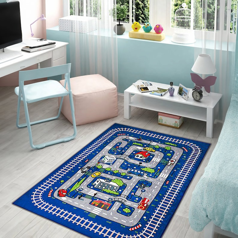 Blue Kids Rug, Train Rail Play Mat, Kids Room Rug With Trolley, Kids ...