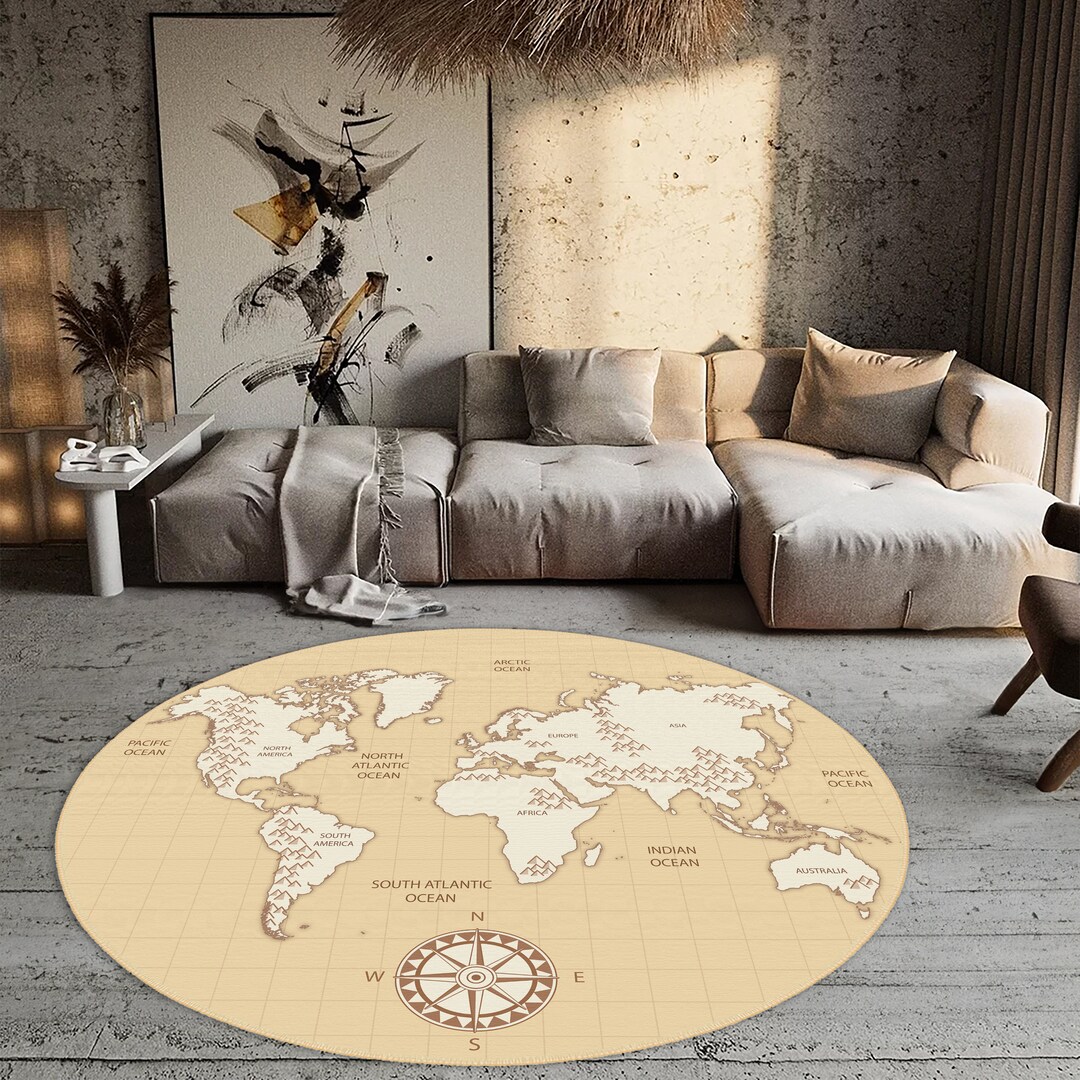 World Map Rug, Compass Rug, Historical World Map Rug, Round World Map ...