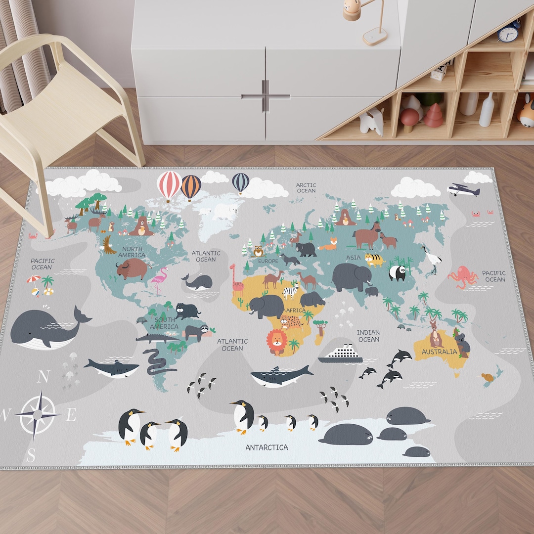 Gray Kids Rugs, World Map Play Mat, Nursery Mat, Animal World World ...