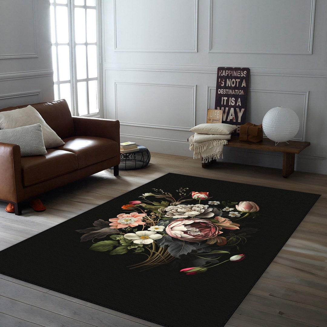 Black Rug, Floral Carpet, Rose Pattern Rug, Leafy Carpet, Living Room ...