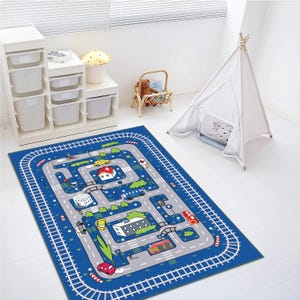 Blue Kids Rug, Train Rail Play Mat, Kids Room Rug With Trolley, Kids ...