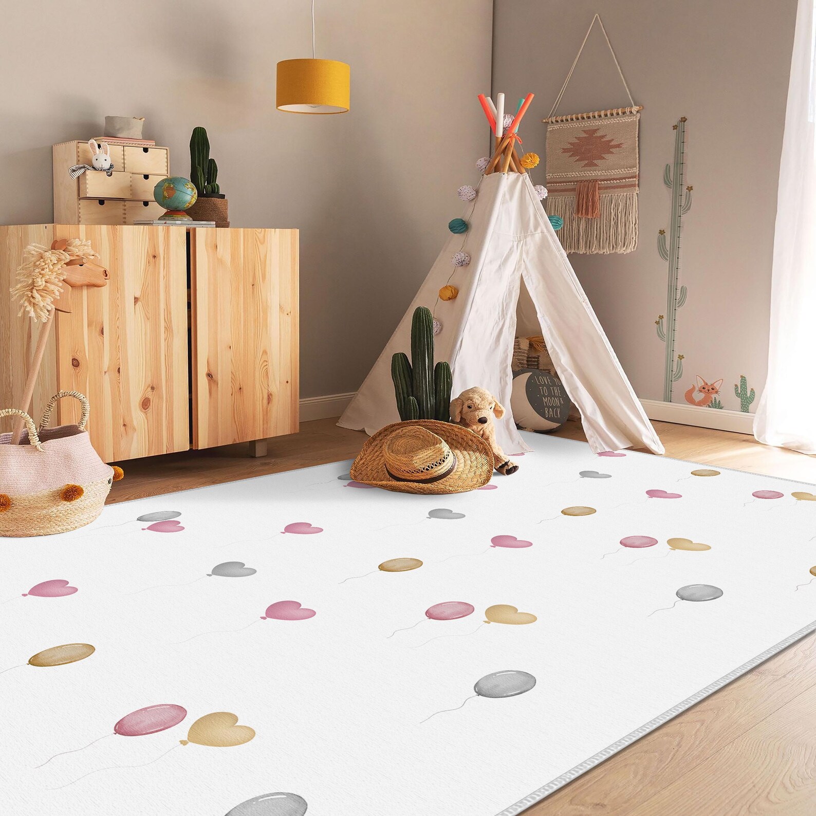 Pink Heart Kids Rug, Kids Room Carpets, Cute Balloon Patterned Kids Rug ...