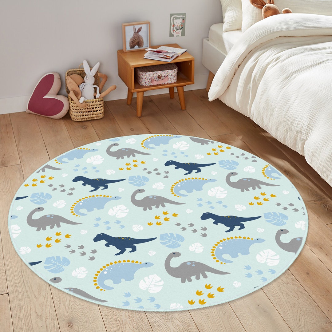 Dino Nursery Rug, Jurassic Playmat for Kids Room, Trex Toddler Round ...