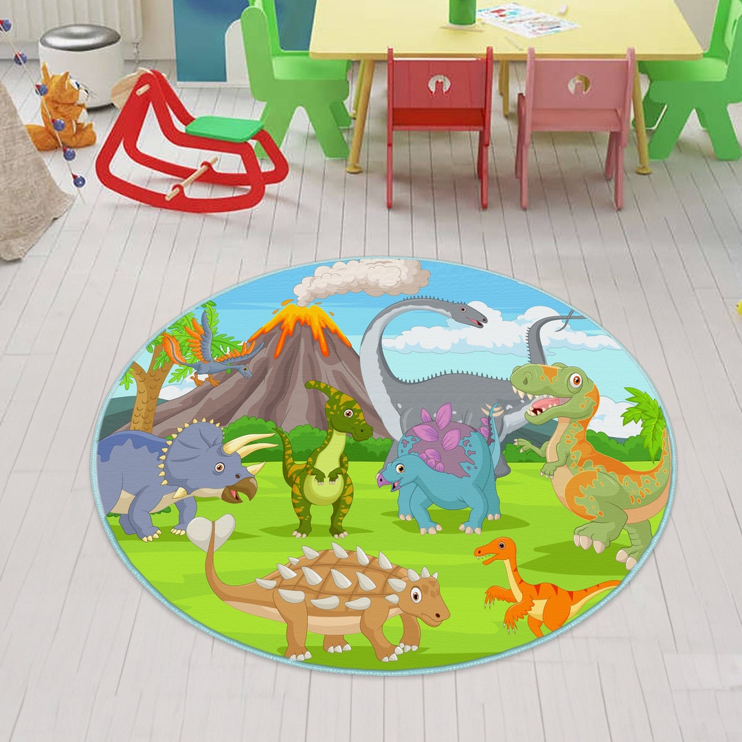 Dino Nursery Rugs, Jurassic Playmat for Kids Room, Trex Toddler Round ...