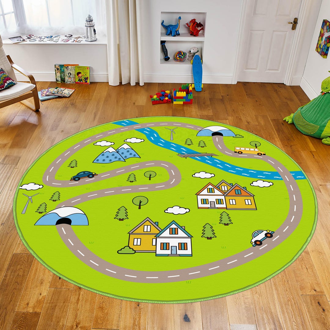 Green City Road Map, Rug for Children Room, Green Baby Room Carpet ...