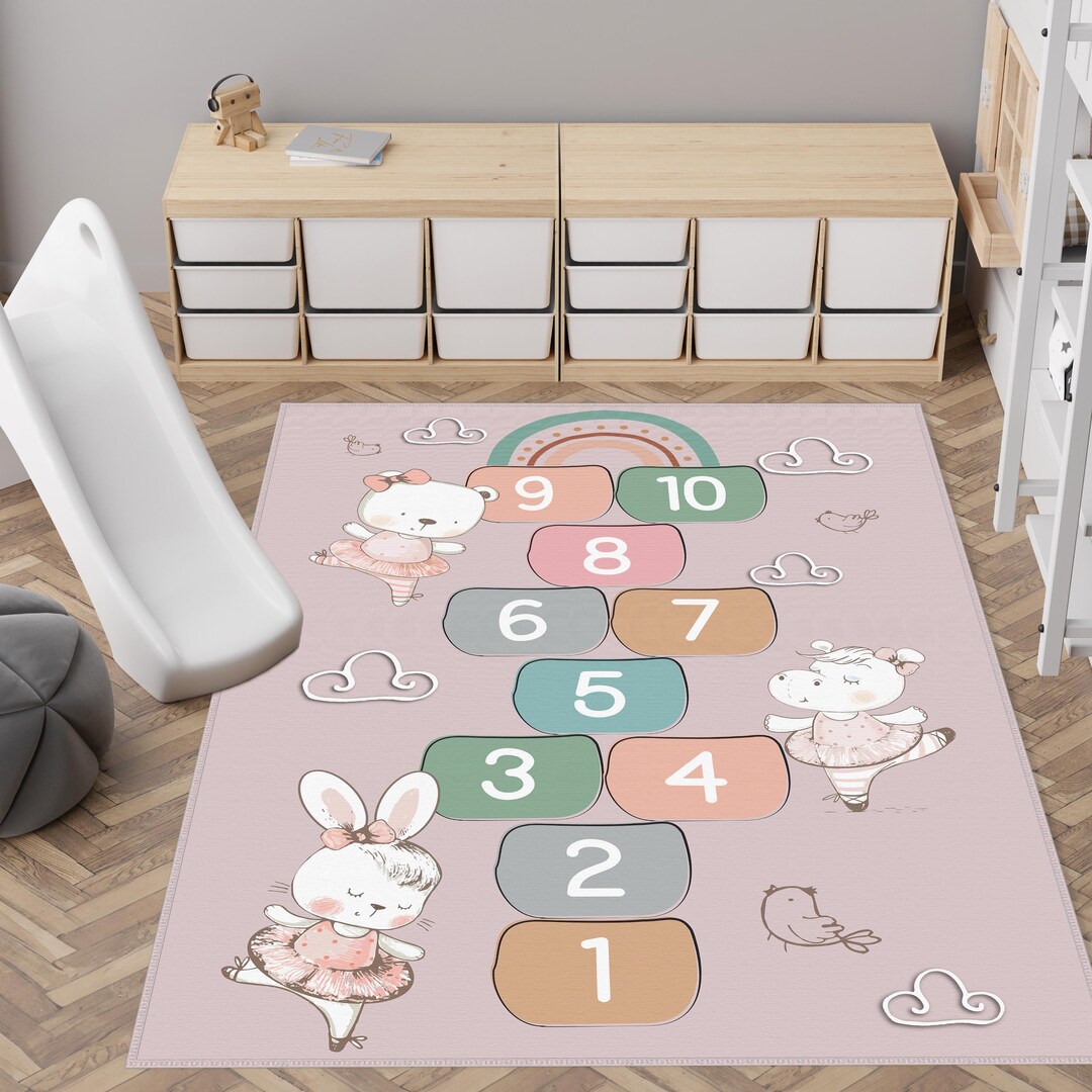 Hopscotch Play Area Rug,playroom Activity Non-slip Mat,kid's Room Game ...
