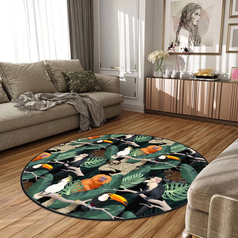 Tropical Jungle Animal Rug, Monkeys Toucans Sloths Exotic Birds Round ...