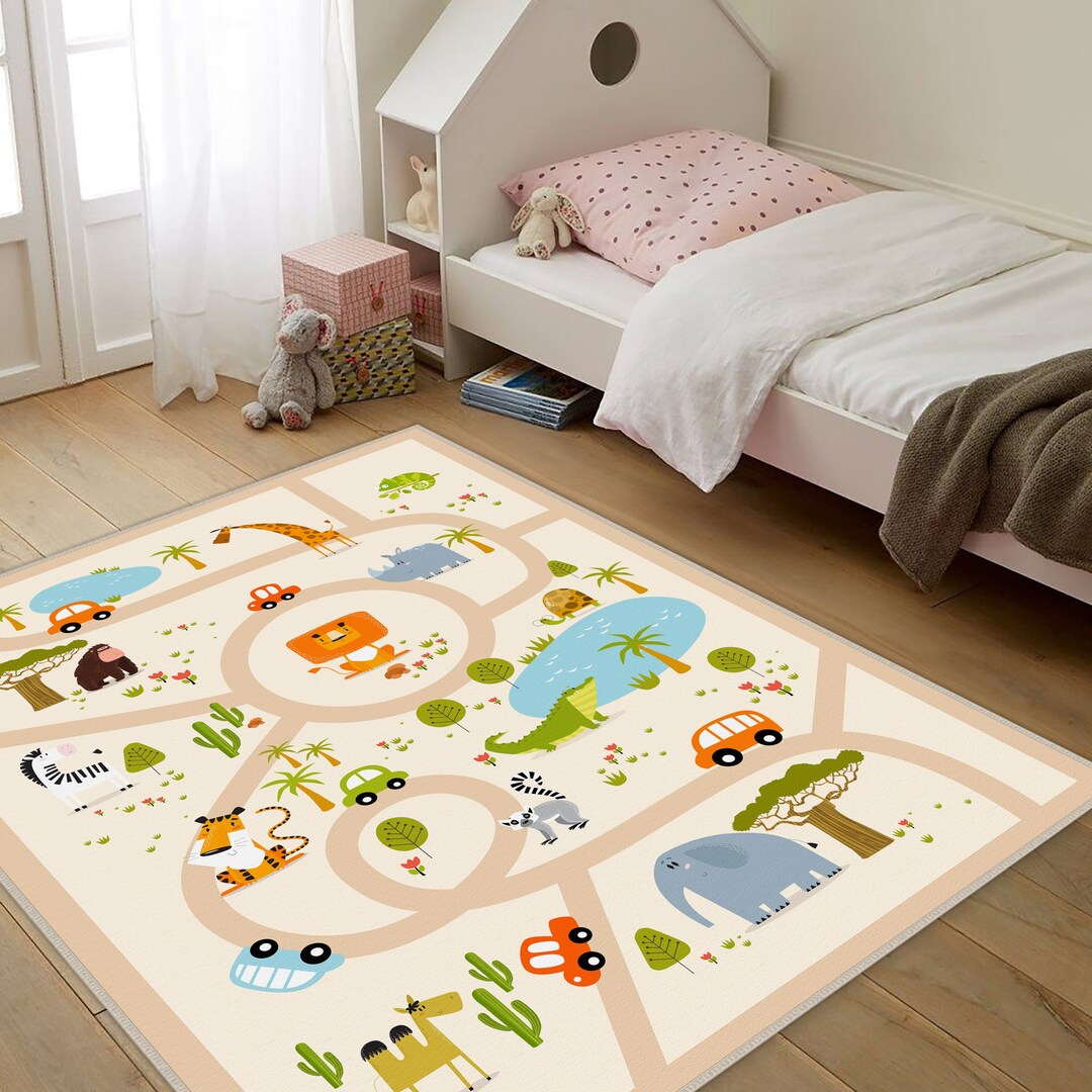 Animals Kids Room Carpet, Cute Animal Play Mat for Kids Room, Road ...