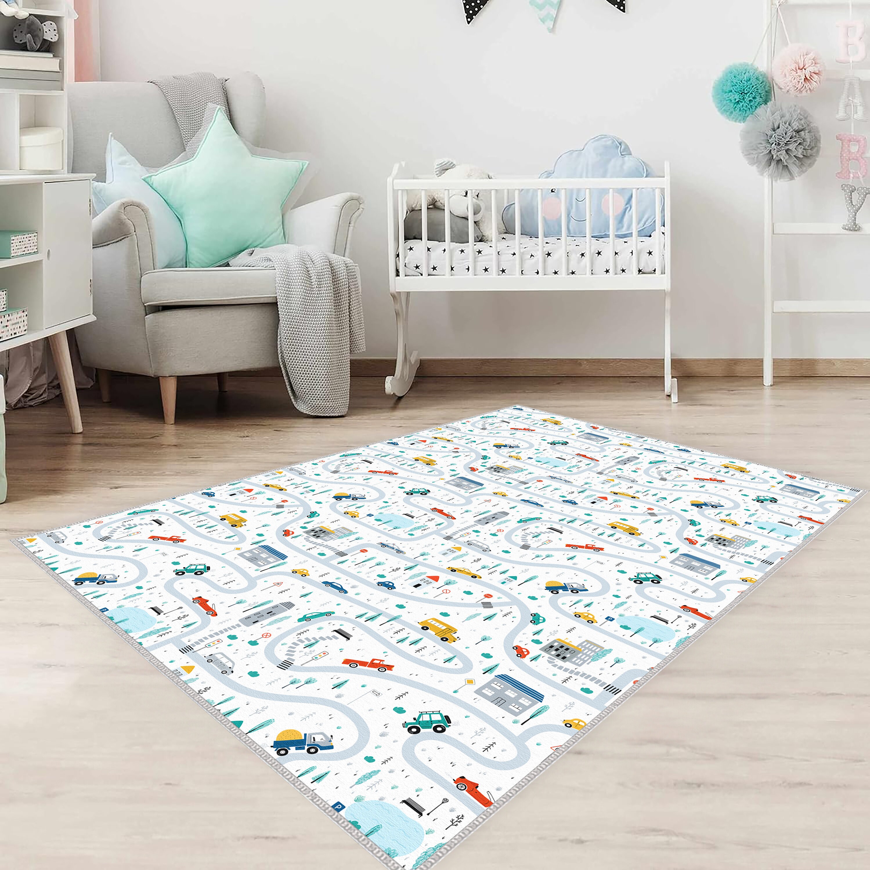 Car Kids Room Carpet, Road Pattern Playroom Carpet, Bus Activity Carpet ...