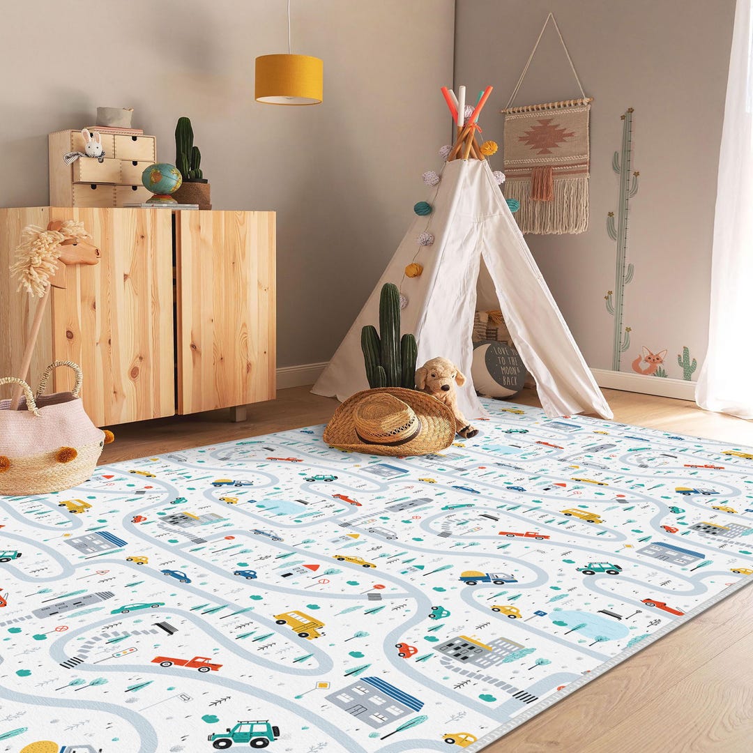 Kids Road Map Play Mat, Fun Car Road Design Rug, Soft Playmat for ...