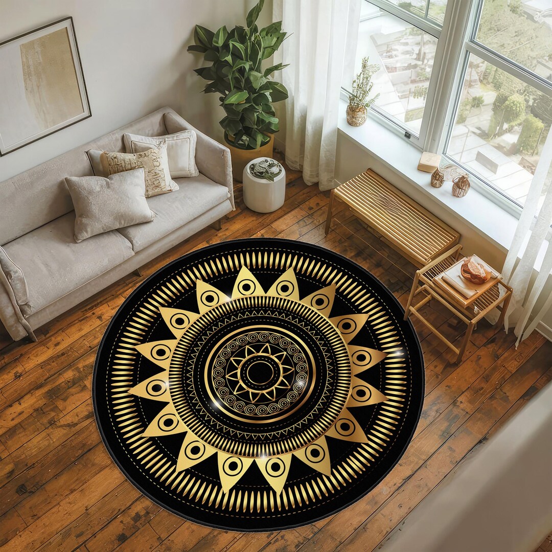 Mandala Rug, Mandala Round Rug, Gold Black Mandala Rug, Mandala Area ...