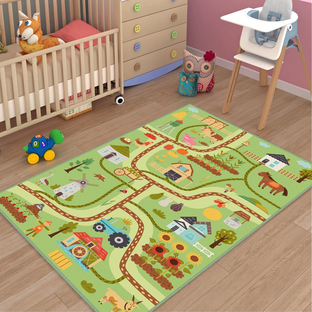 Farm House Kids Rug, Animal Kids Rugs, Road Baby Rug, Road Kids Room ...