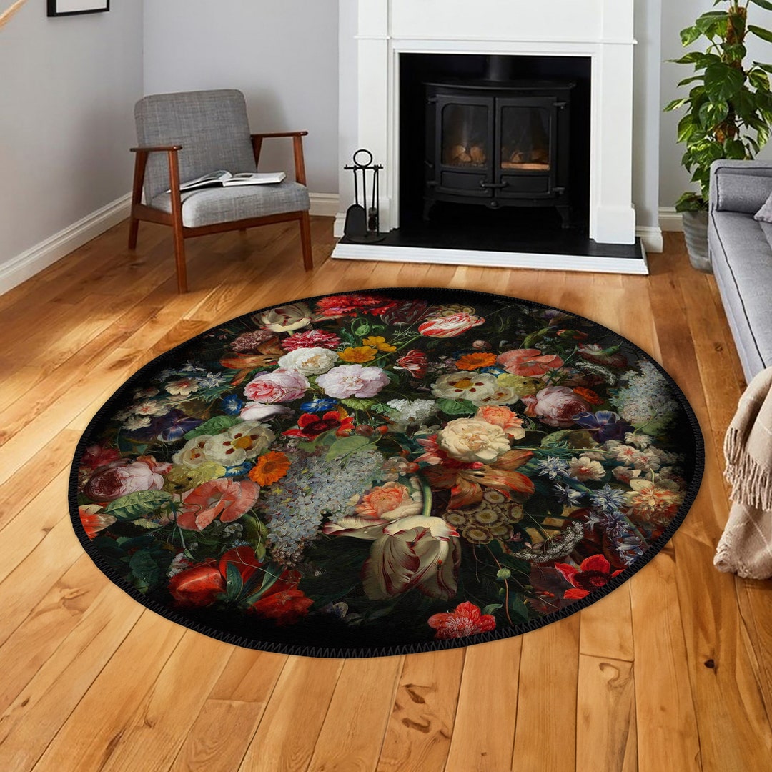 Black Rug, Floral Carpet, Rose Pattern Rug, Leafy Carpet, Living Room ...