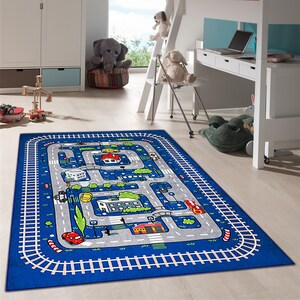 Blue Kids Rug, Train Rail Play Mat, Kids Room Rug With Trolley, Kids ...