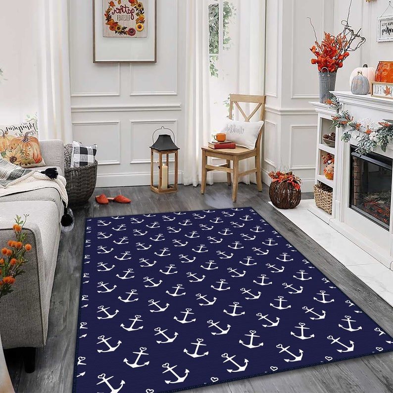 Navy Blue Anchor Patterned Rug, Custom Gift Marina Rug, Sailor Rug ...