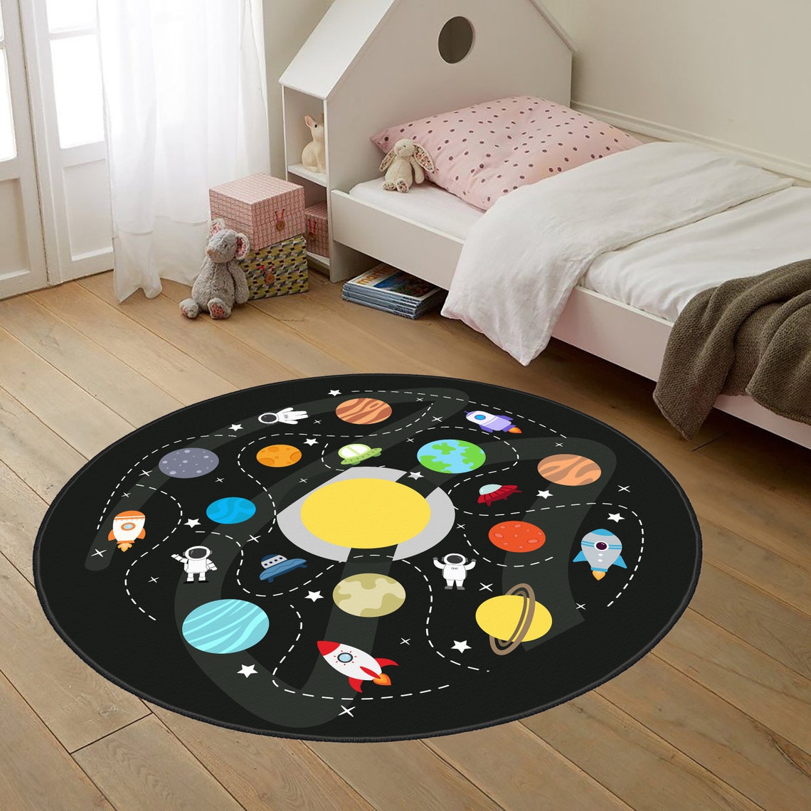 Space Themed Round Kids Rug, Star Kids Room Rug, Educational Play Mat ...