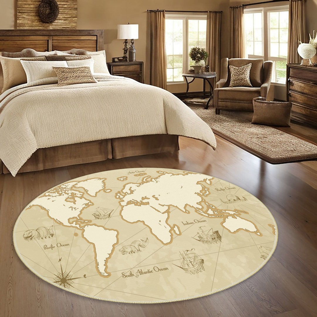 World Map Round Rug, World Map Education Rug, World Map Pattern Carpet ...