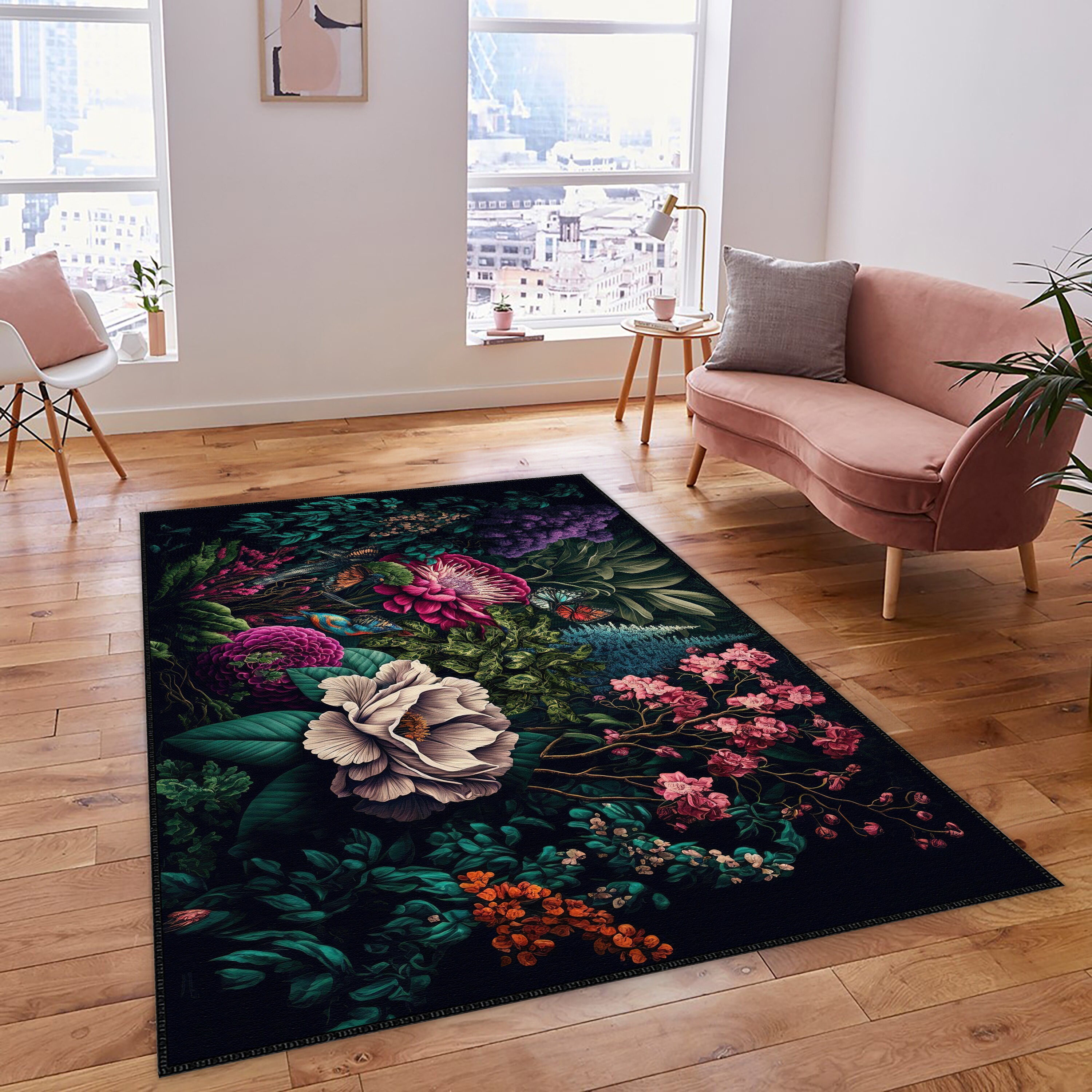 Black Rug, Floral Carpet, Rose Pattern Rug, Leafy Carpet, Living Room ...