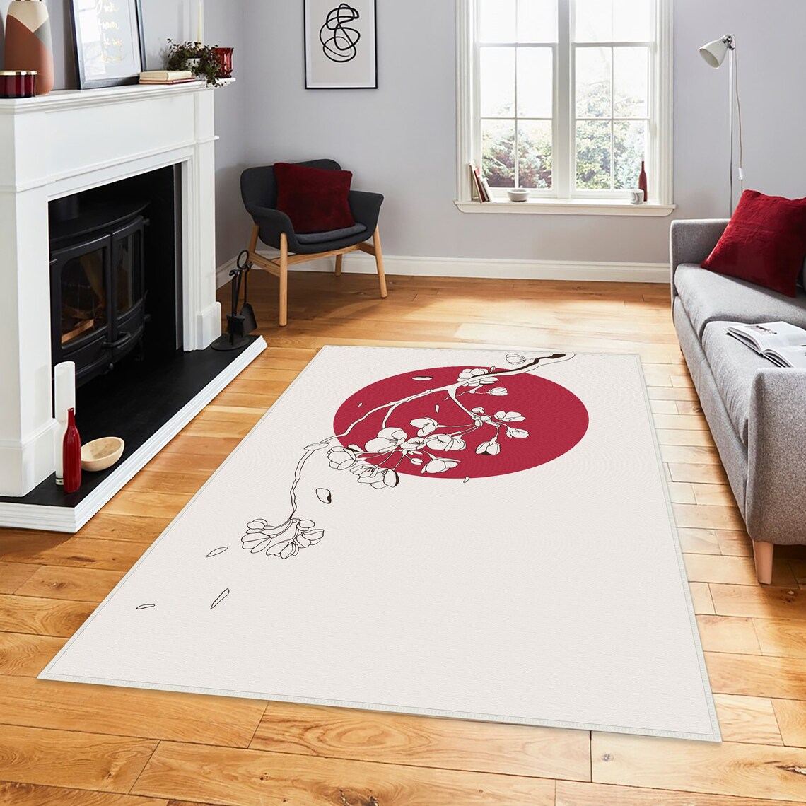Cherry Blossom Rug, Indoor Outdoor Area Rug, Beige Living Room Rug ...