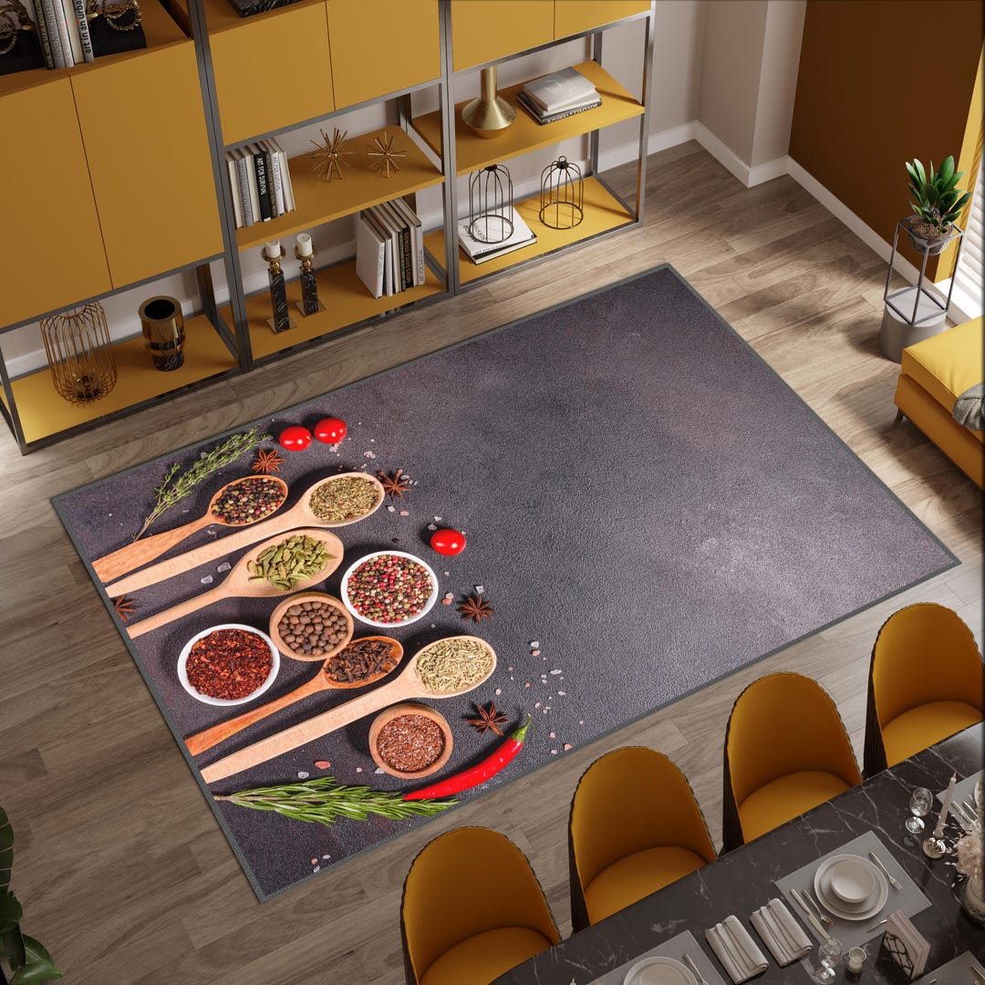 Vibrant Kitchen Spice Carpet, Herb Wooden Spoons Rug, Kitchen Floor Mat ...