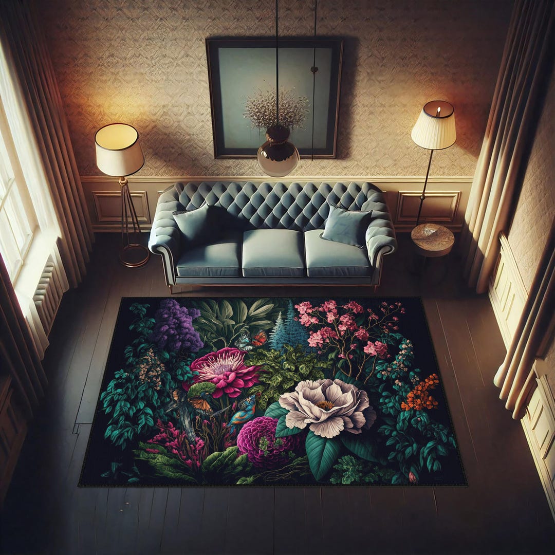 Black Rug, Floral Carpet, Rose Pattern Rug, Leafy Carpet, Living Room ...