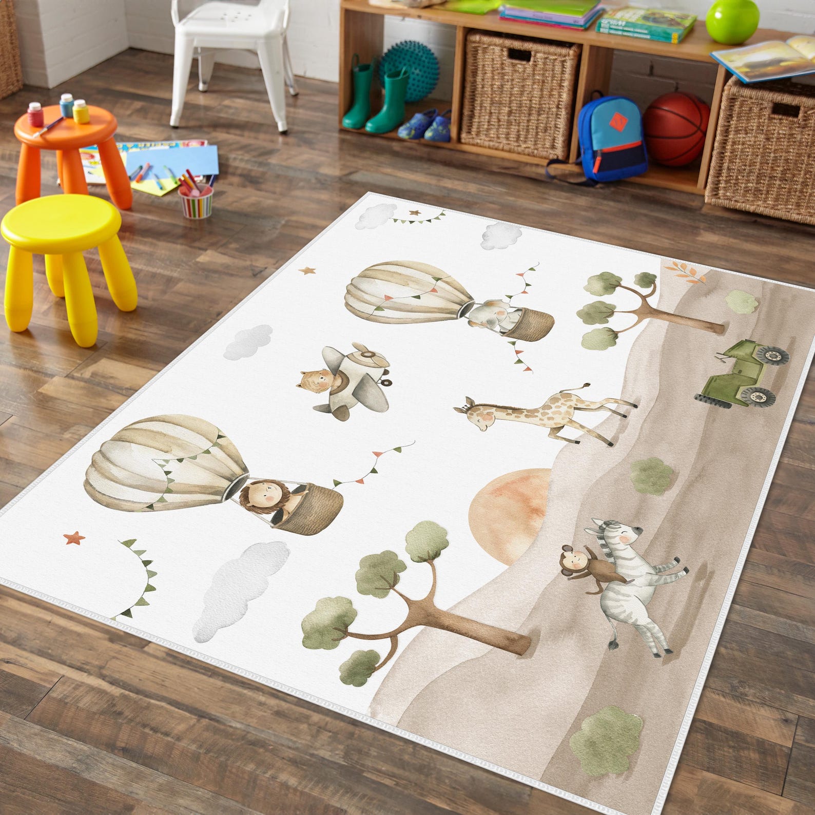 Cute Safari Themed Carpet With Car, Baby Gift, Hot Air Balloon Kids Rug ...