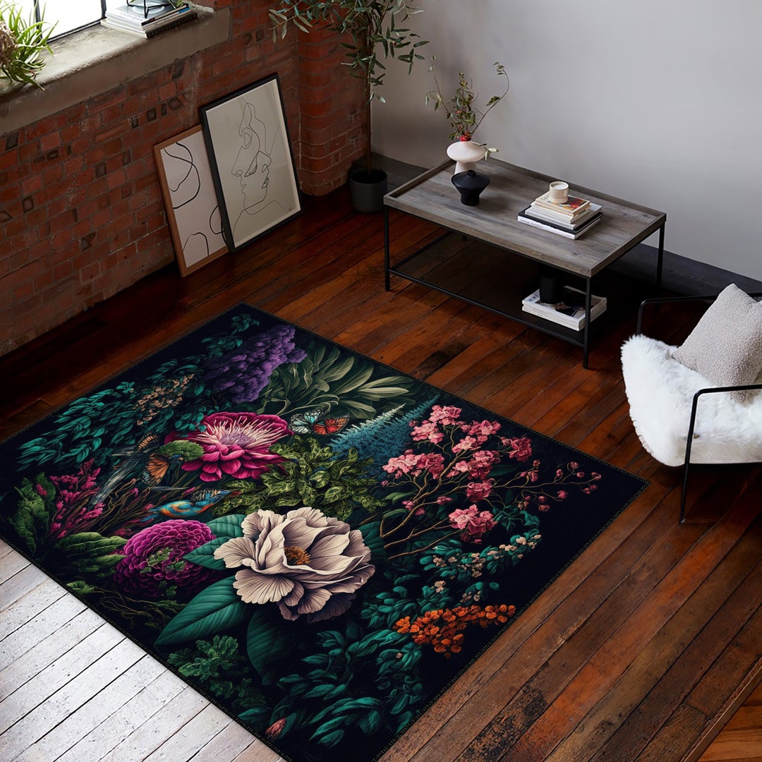 Black Rug, Floral Carpet, Rose Pattern Rug, Leafy Carpet, Living Room ...