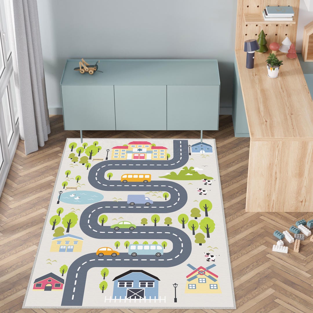 Road Nursery Rug, Car Playmat for Kids Room, Truck Toddler Mat, City ...