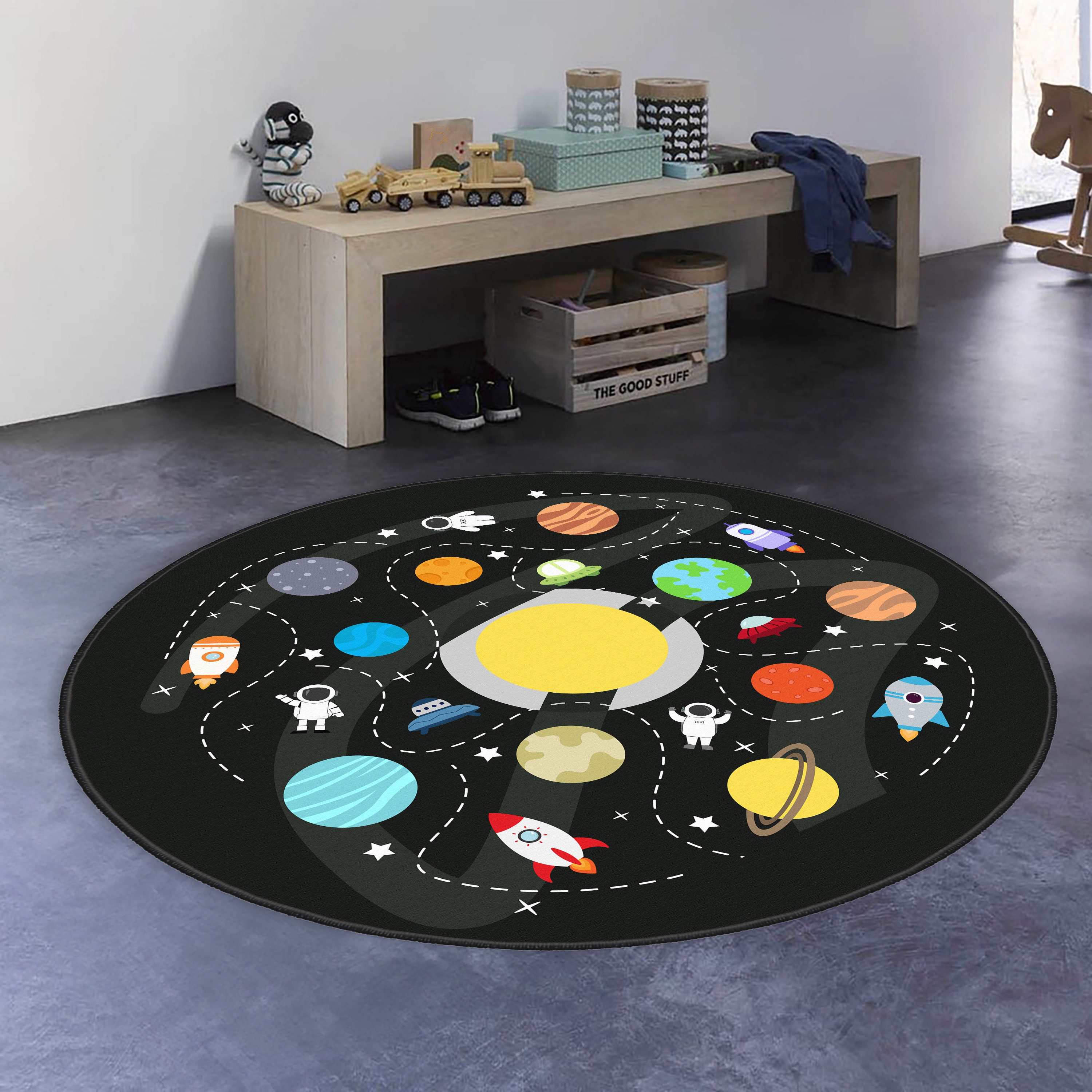 Space Themed Round Kids Rug, Star Kids Room Rug, Educational Play Mat ...