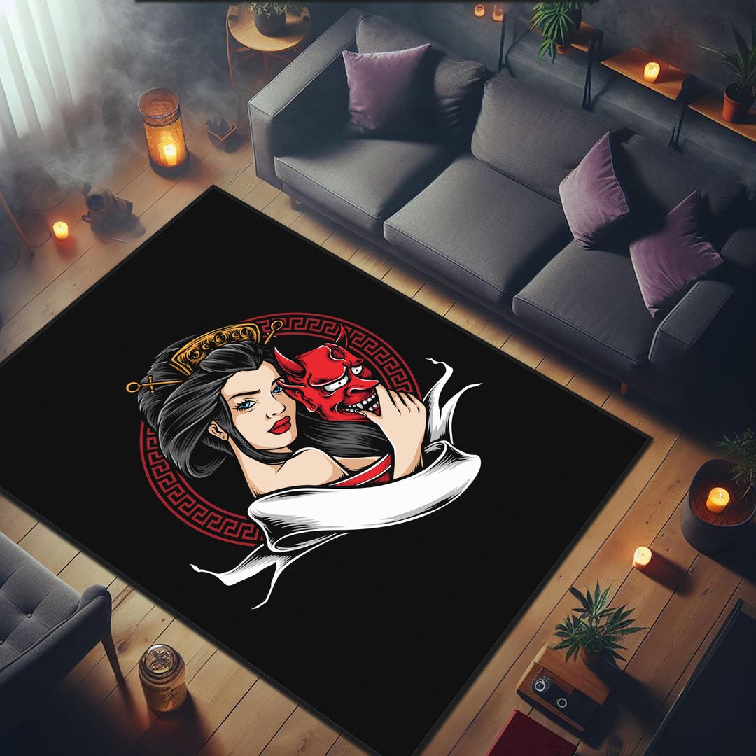 Red Devil Desing Rug, Japanese Oni Mask Rug, Geisha Art Design Rug ...