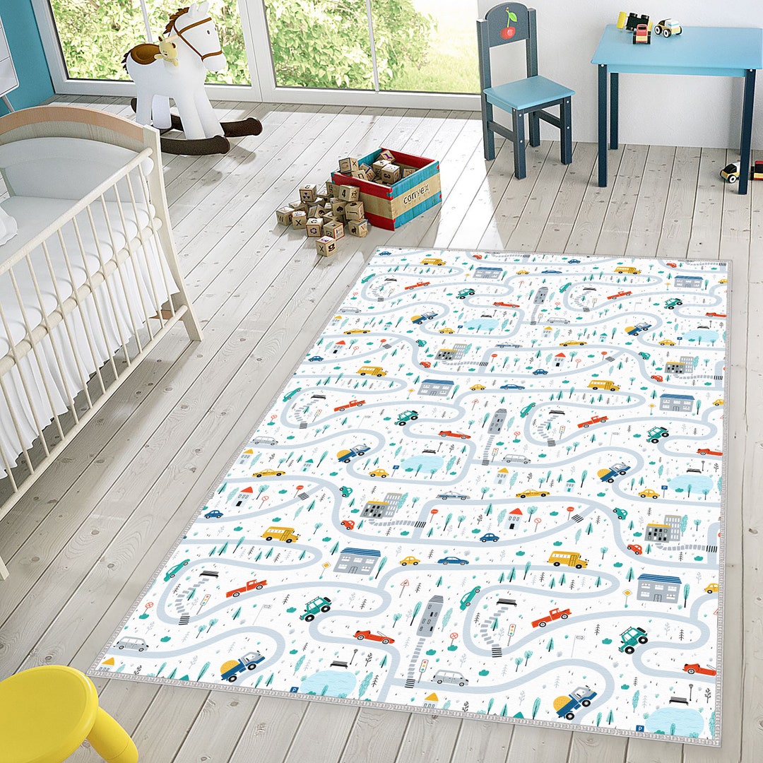 Car Kids Room Carpet, Road Pattern Playroom Carpet, Bus Activity Carpet ...