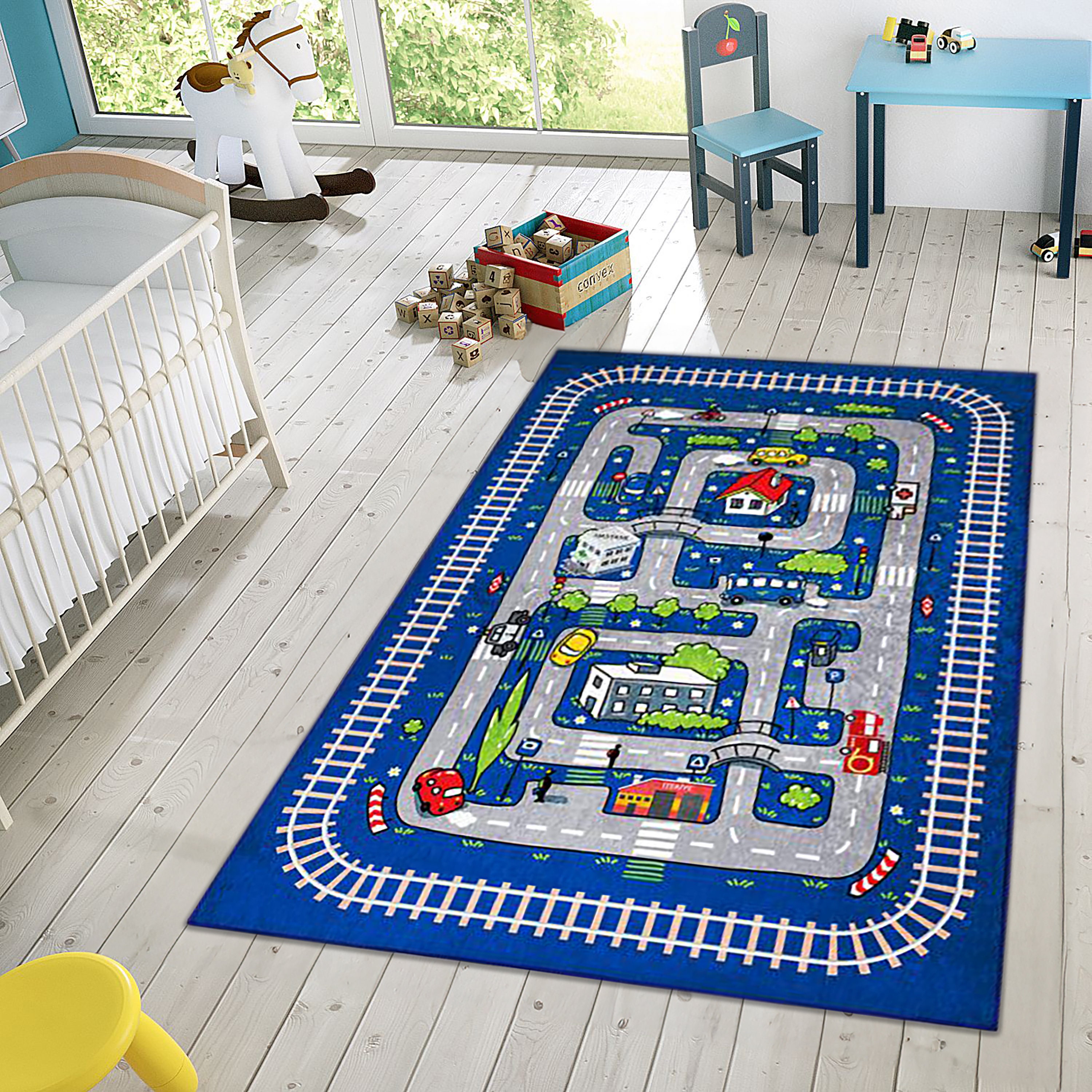 Blue Kids Rug, Train Rail Play Mat, Kids Room Rug With Trolley, Kids ...