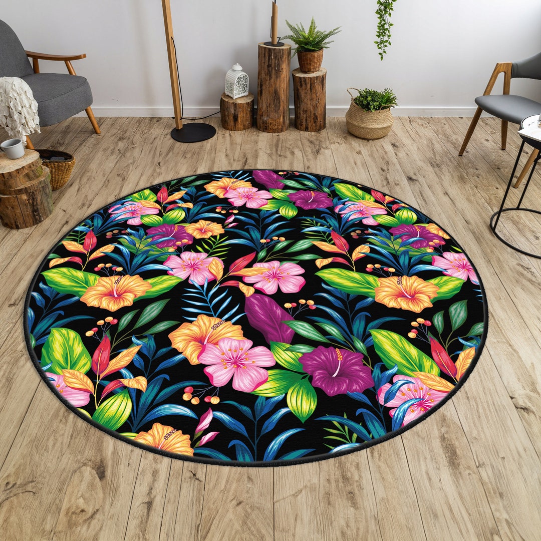 Black Rug, Pink Flower Rug, Rose Pattern Rug, Green Leafy Carpet ...