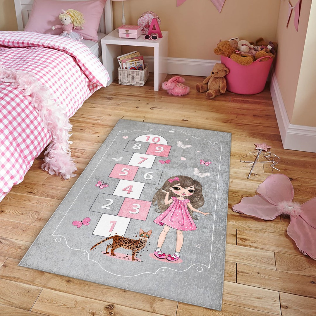 Pink Hopscotch Rug, Girl Room Mat, Kids Rug, Princess Themed ...