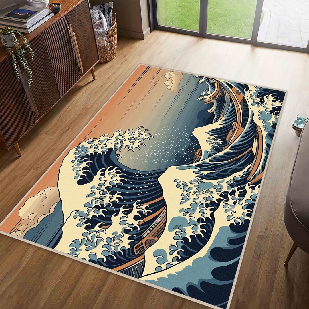 Ocean Pattern Carpet, Beige Carpet, Kanagawa Wavy Carpet, Japan Wavy ...
