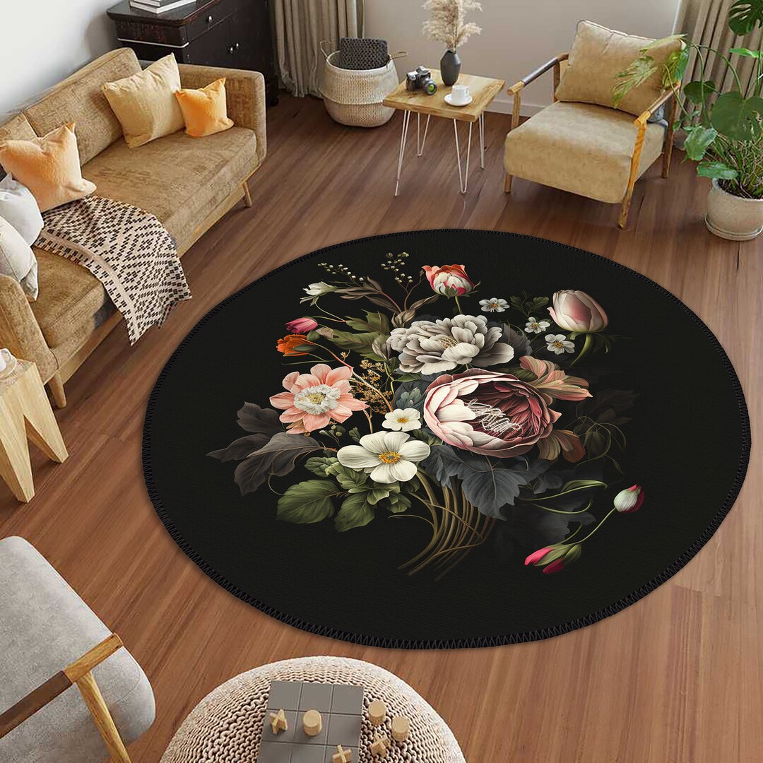 Black Rug, Floral Rugs, Rose Pattern Rug, Leafy Carpet, Floral Living ...
