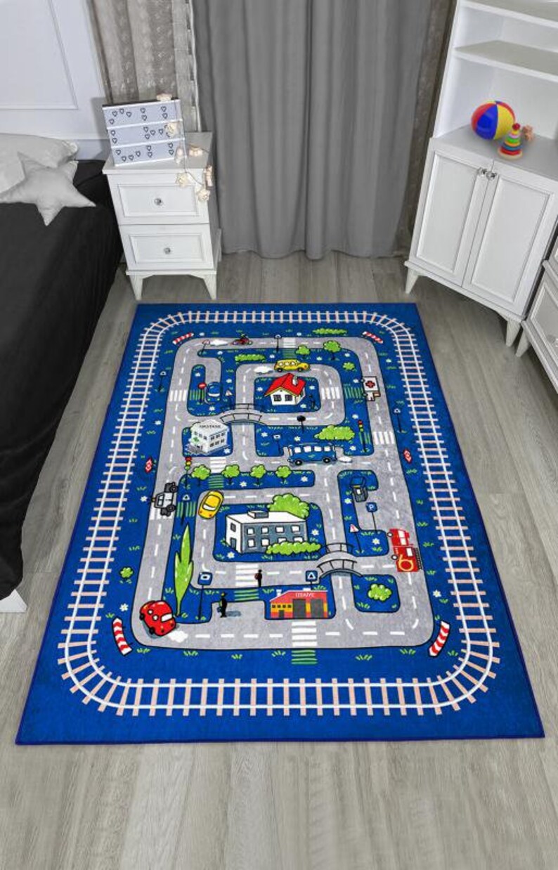 Blue Kids Rug, Train Rail Play Mat, Kids Room Rug With Trolley, Kids ...