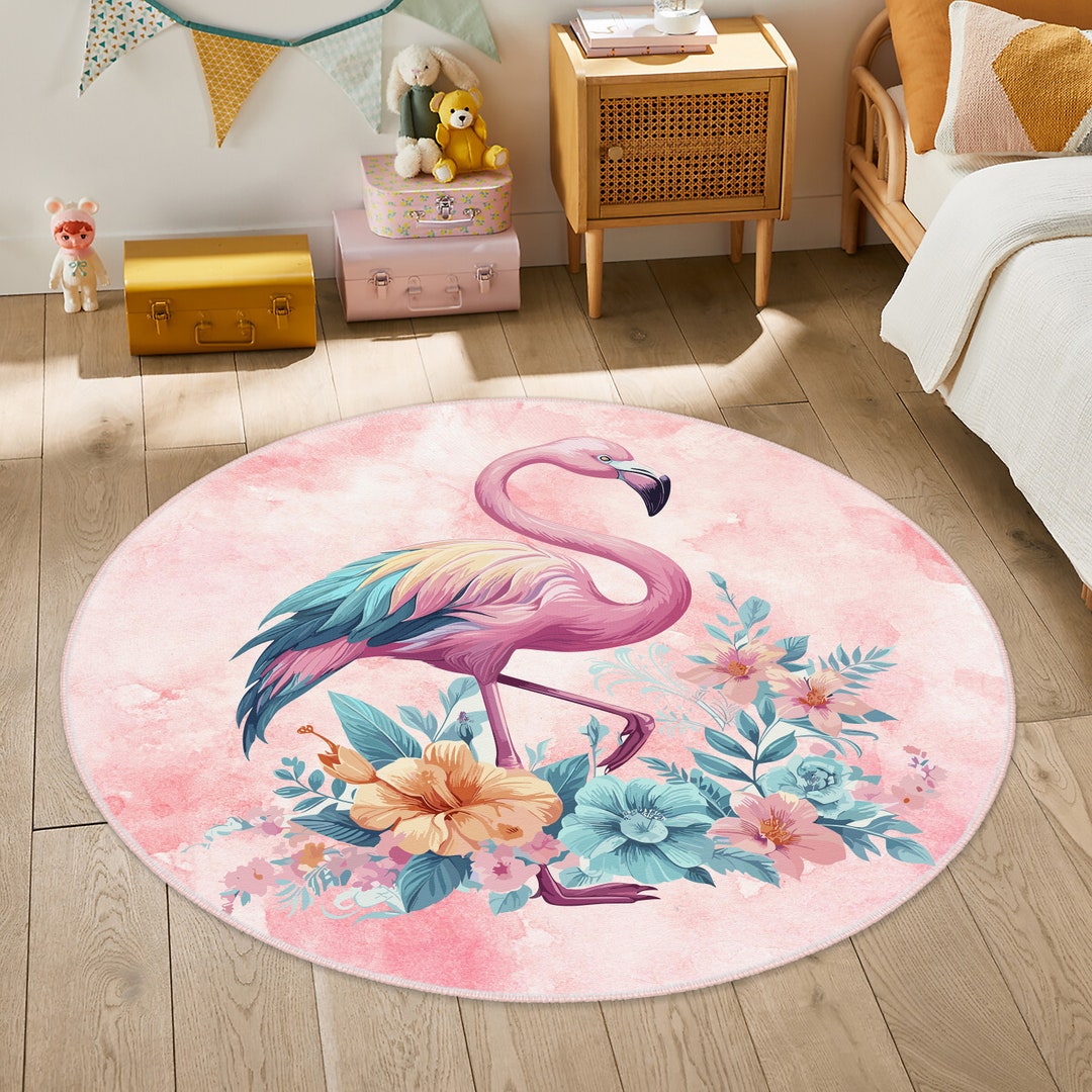 Flamingo Pattern Area Rug, Pink Kids Flowers Area Rug, Pink Round Rug ...
