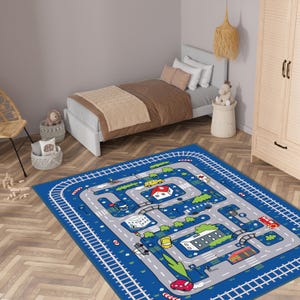 Blue Kids Rug, Train Rail Play Mat, Kids Room Rug With Trolley, Kids ...