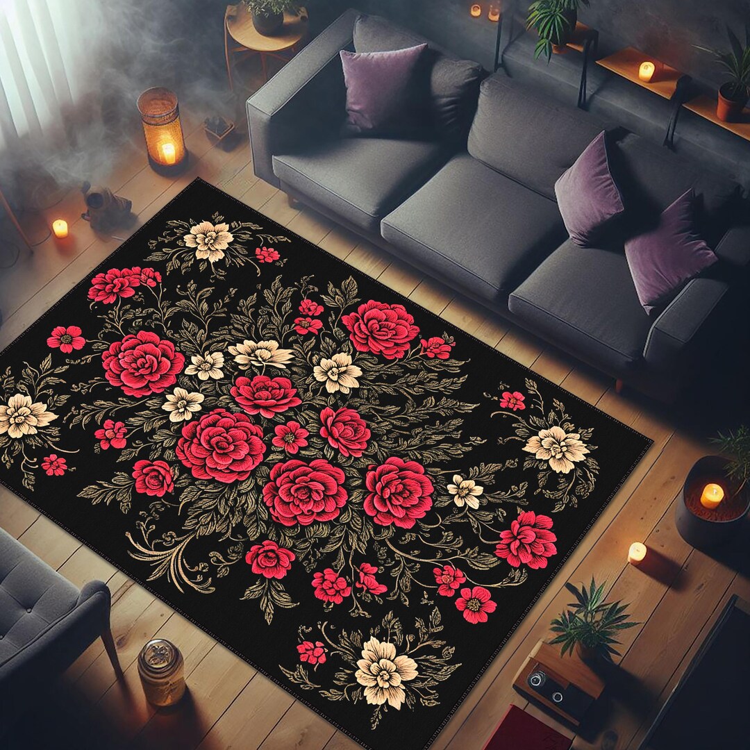 Red Floral Rug, Floral Carpet, Rose Pattern Rug, Leafy Carpet, Floral ...
