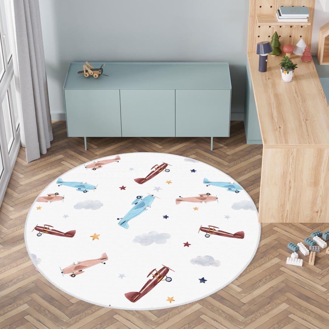 Air Vehicle Nursery Rug, Air Vehicles Patterned Kid's Round Rug ...