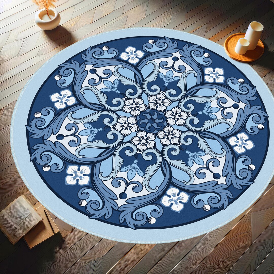 Mandala Circle Rug, Blue Mandala Pattern Round Carpet, Rug for Living ...