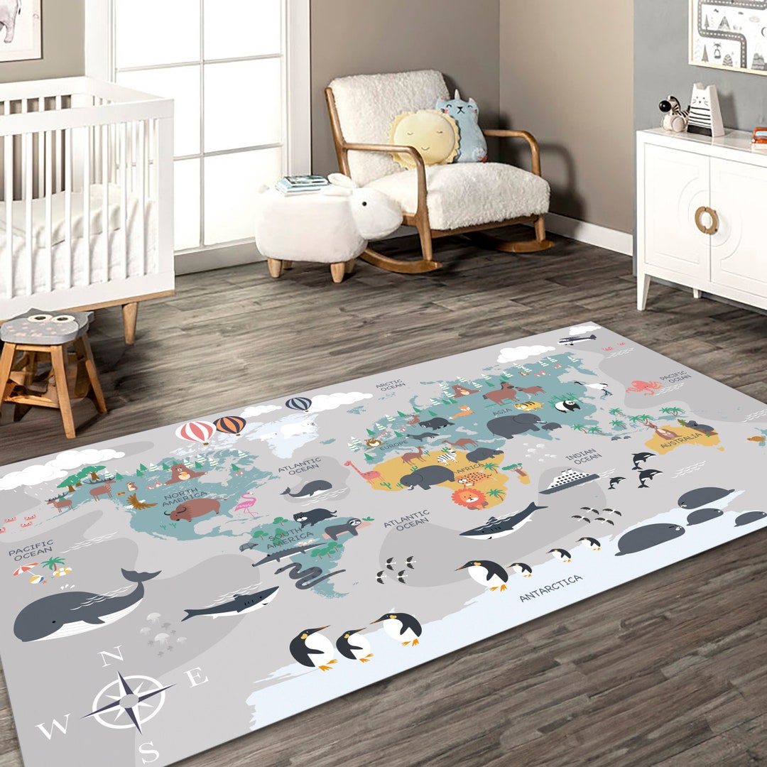 Gray Kids Rugs, World Map Play Mat, Nursery Mat, Animal World World ...