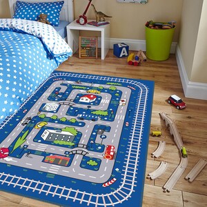 Blue Kids Rug, Train Rail Play Mat, Kids Room Rug With Trolley, Kids ...