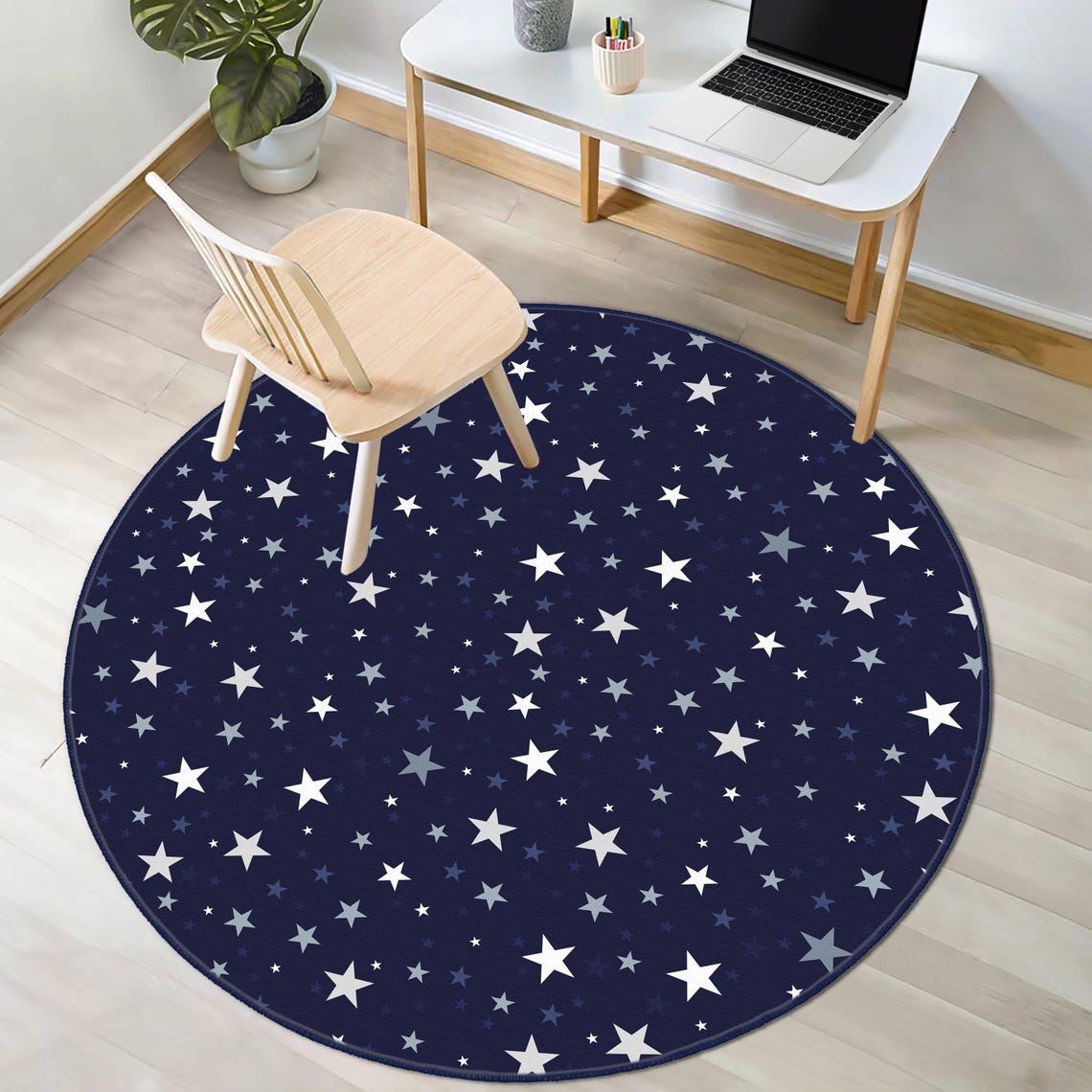Space Themed Star Round Kids Rug, Kids Room Rug, Educational Play Mat ...